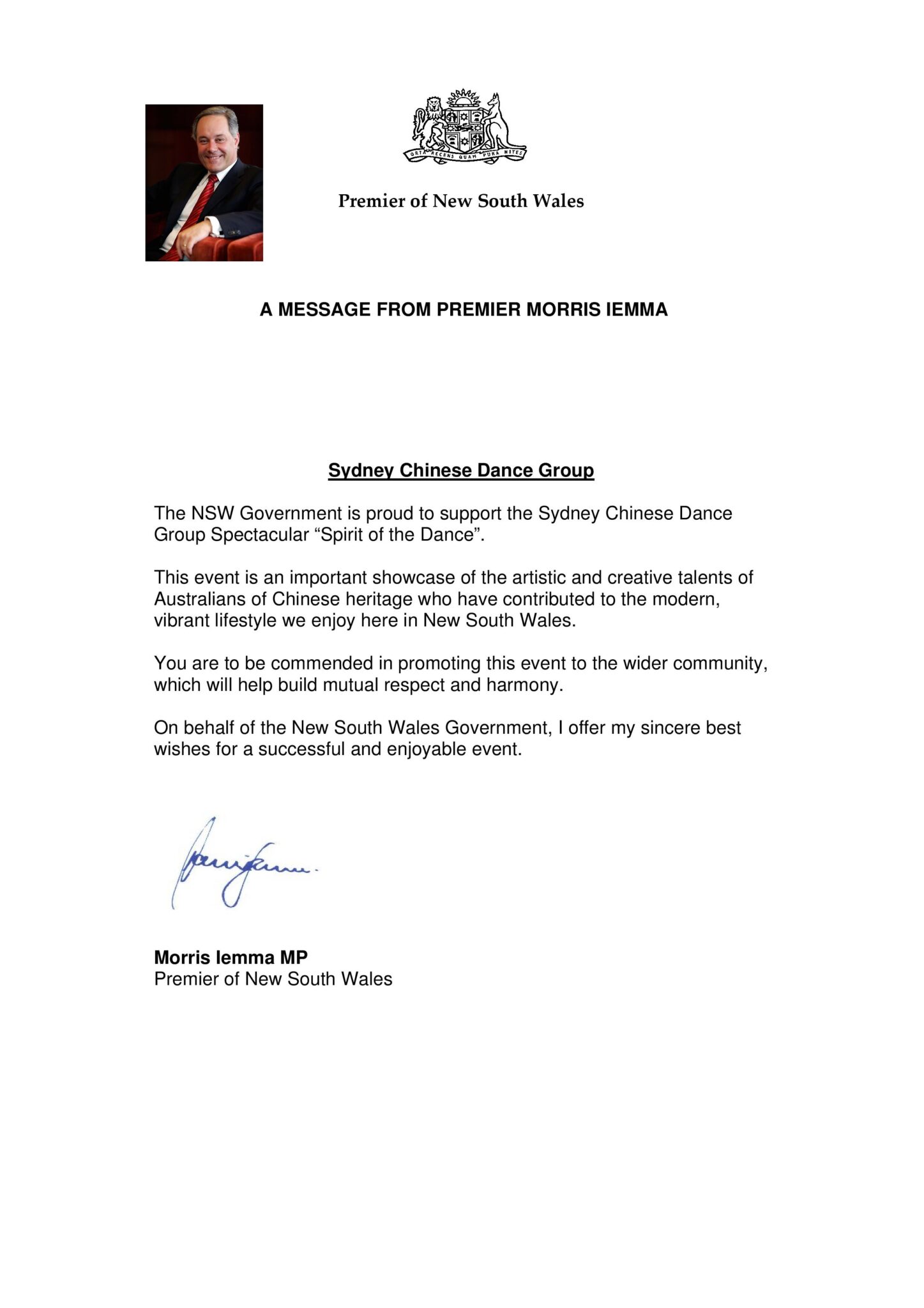 Morris Iemma’s Speech – Sydney Chinese Dance Group